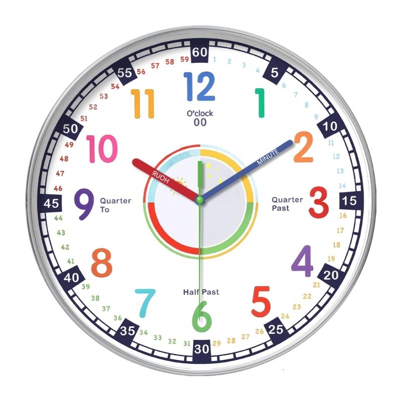 Quiet Kids Wall Clock Nonticking Teaching Time Clock Colorful Design ...