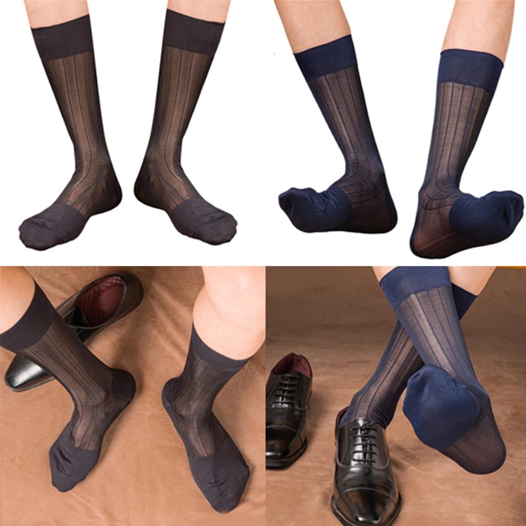 Elegant Mens Sheer Dress Socks Nylon Ribs Striped Business Formal Suit ...